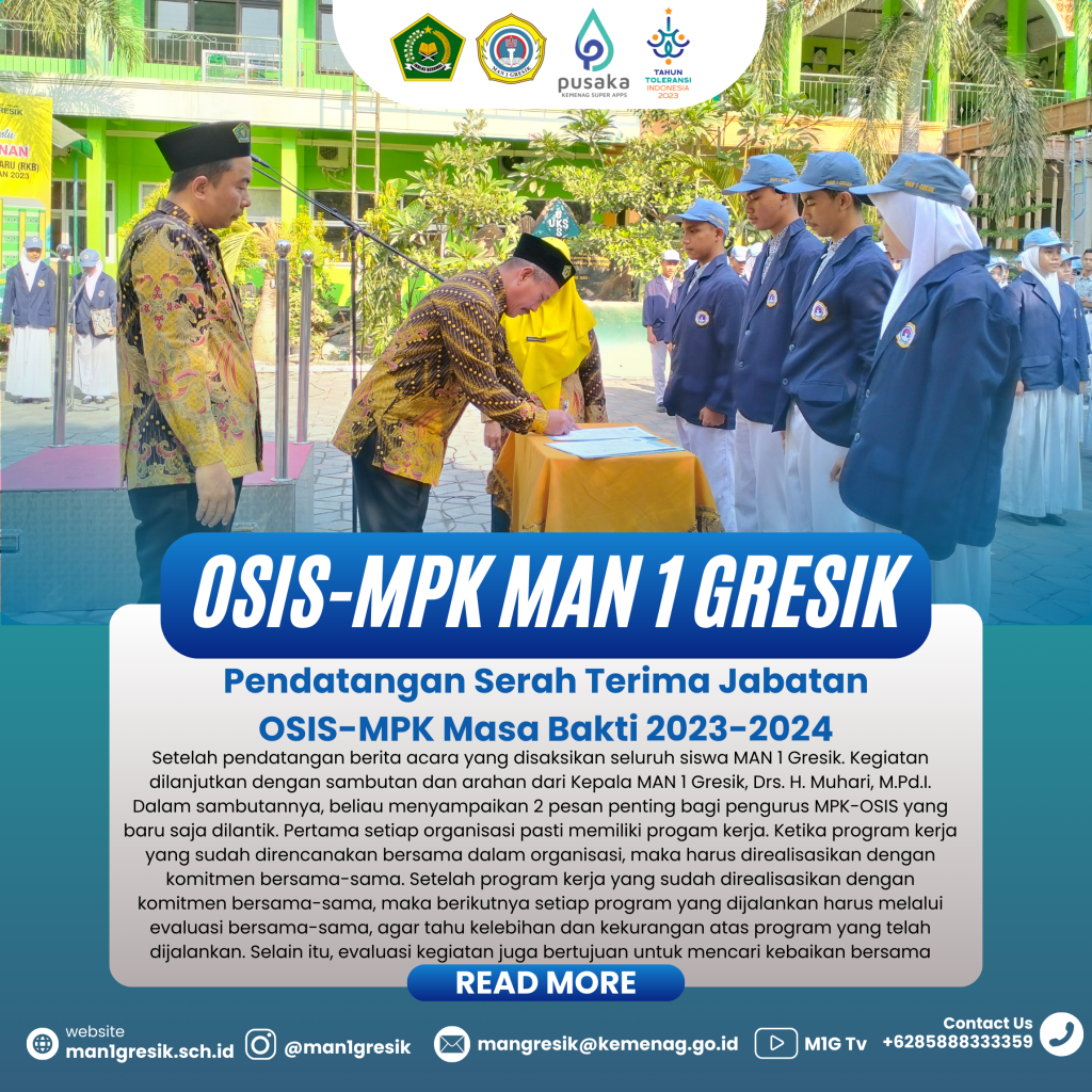 KEPALA MAN 1 GRESIK LANTIK PENGURUS MPK-OSIS PERIODE 2023—2024 – MAN 1 Gresik